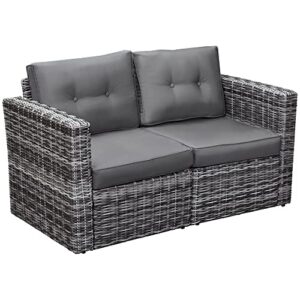 outsunny 2 piece patio wicker corner sofa set, outdoor pe rattan furniture, with curved armrests and padded cushions for balcony, garden, or lawn, lawn, grey