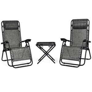 S AFSTAR Safstar Folding Zero Gravity Lounge Chair Set, 3 PCS Outdoor Recliners w/Removable Headrest and Portable Table for Balcony Patio Poolside (Gray)