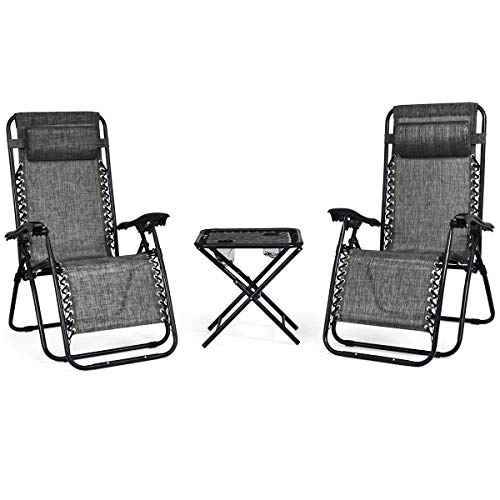 S AFSTAR Safstar Folding Zero Gravity Lounge Chair Set, 3 PCS Outdoor Recliners w/Removable Headrest and Portable Table for Balcony Patio Poolside (Gray)