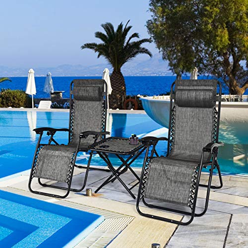 S AFSTAR Safstar Folding Zero Gravity Lounge Chair Set, 3 PCS Outdoor Recliners w/Removable Headrest and Portable Table for Balcony Patio Poolside (Gray)