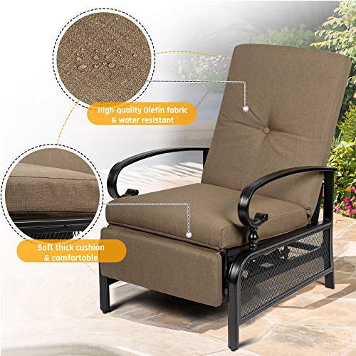 Omelaza Outdoor Adjustable Lounge Chair Patio Metal Relaxing Recliner Sofa Chair with Removable Cushions - Support 300lbs (Brown)