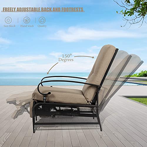 Omelaza Outdoor Adjustable Lounge Chair Patio Metal Relaxing Recliner Sofa Chair with Removable Cushions - Support 300lbs (Brown)