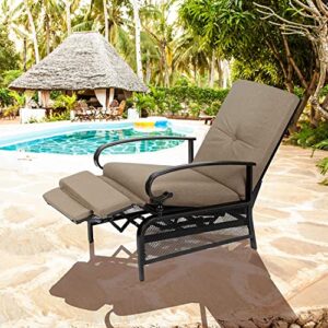 Omelaza Outdoor Adjustable Lounge Chair Patio Metal Relaxing Recliner Sofa Chair with Removable Cushions - Support 300lbs (Brown)