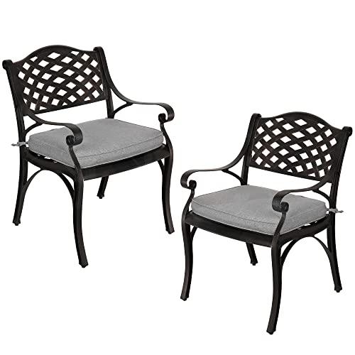 JOIVI Cast Aluminum Patio Chairs Set of 2, Outdoor Dining Metal Chairs with Cushions, Lattice Design Antique Bronze