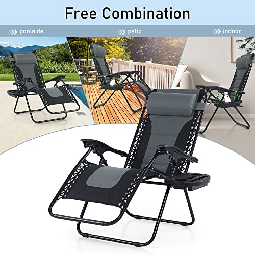 PHI VILLA Set of 2 Padded Zero Gravity Lounge Chair Folding Patio Recliner with Adjustable Headrest & Cup Holder, Support 350 LBS(Grey)