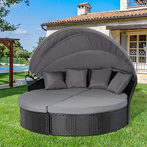 Crownland Outdoor Furniture Patio Canopy Bed Round Daybed Include Retractable Canopy, Washable Cushions for Backyard, Porch, Poolside (Black)