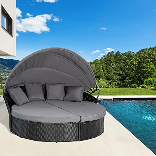 Crownland Outdoor Furniture Patio Canopy Bed Round Daybed Include Retractable Canopy, Washable Cushions for Backyard, Porch, Poolside (Black)