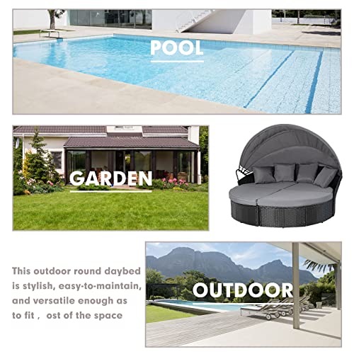 Crownland Outdoor Furniture Patio Canopy Bed Round Daybed Include Retractable Canopy, Washable Cushions for Backyard, Porch, Poolside (Black)