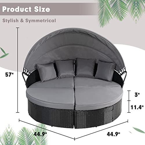 Crownland Outdoor Furniture Patio Canopy Bed Round Daybed Include Retractable Canopy, Washable Cushions for Backyard, Porch, Poolside (Black)