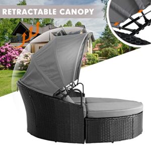 Crownland Outdoor Furniture Patio Canopy Bed Round Daybed Include Retractable Canopy, Washable Cushions for Backyard, Porch, Poolside (Black)