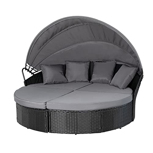 Crownland Outdoor Furniture Patio Canopy Bed Round Daybed Include Retractable Canopy, Washable Cushions for Backyard, Porch, Poolside (Black)