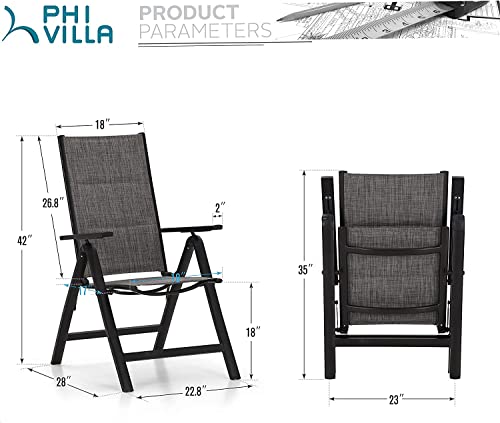 PHI VILLA Outdoor Folding Patio Dining Chairs Set of 4, Adjustable Padded Portable Reclining Patio Chairs Aluminum for Garden,Yard and Deck, Dark Grey