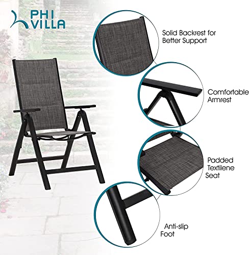 PHI VILLA Outdoor Folding Patio Dining Chairs Set of 4, Adjustable Padded Portable Reclining Patio Chairs Aluminum for Garden,Yard and Deck, Dark Grey