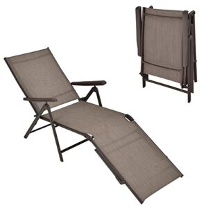 tangkula outdoor chaise lounge, folding recliner lounge chair with 5-position adjustable backrest & 2-position footrest, no assembly required, suitable for patio poolside beach yard (1, brown)