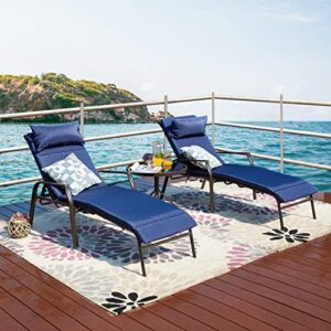 LOKATSE HOME 3 Pieces Outdoor Patio Chaise Lounge Set 2 Adjustable Chairs and 1 Bistro Table with Removable Cushions, Dark Blue