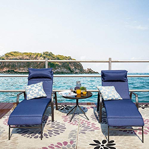 LOKATSE HOME 3 Pieces Outdoor Patio Chaise Lounge Set 2 Adjustable Chairs and 1 Bistro Table with Removable Cushions, Dark Blue