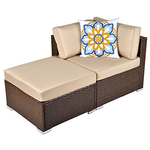 SUNVIVI OUTDOOR 2-Piece Patio Ottoman Furniture Set, All-Weather PE Wicker Rattan Outdoor Daybed Sofa Set, Patio Couch with Ottoman for Balcony Garden Pool, Brown