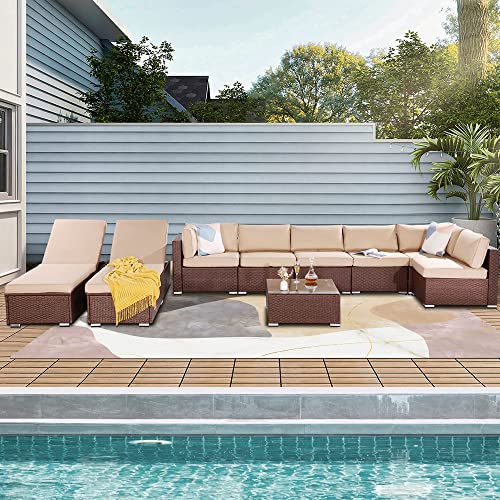 SUNVIVI OUTDOOR 2-Piece Patio Ottoman Furniture Set, All-Weather PE Wicker Rattan Outdoor Daybed Sofa Set, Patio Couch with Ottoman for Balcony Garden Pool, Brown