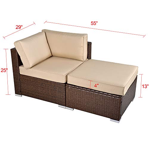 SUNVIVI OUTDOOR 2-Piece Patio Ottoman Furniture Set, All-Weather PE Wicker Rattan Outdoor Daybed Sofa Set, Patio Couch with Ottoman for Balcony Garden Pool, Brown