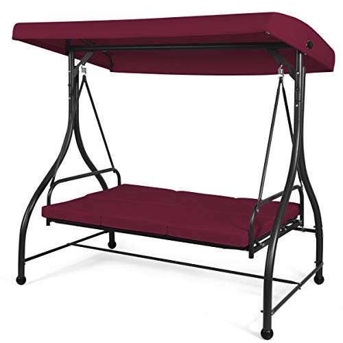 Tangkula 3 Seats Converting Patio Swing, Outdoor Porch Garden Canopy Swing with Comfortable Cushion Seats & Adjustable Tilt Canopy, Heavy Duty Hammock 3 Persons Porch Swing (Wine)