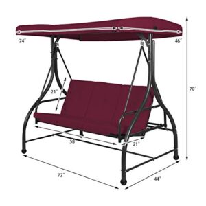 Tangkula 3 Seats Converting Patio Swing, Outdoor Porch Garden Canopy Swing with Comfortable Cushion Seats & Adjustable Tilt Canopy, Heavy Duty Hammock 3 Persons Porch Swing (Wine)