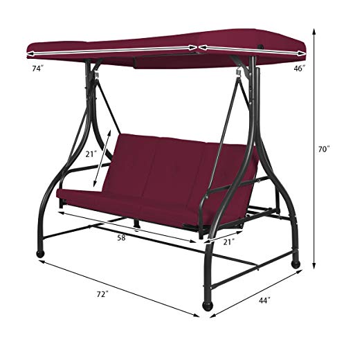 Tangkula 3 Seats Converting Patio Swing, Outdoor Porch Garden Canopy Swing with Comfortable Cushion Seats & Adjustable Tilt Canopy, Heavy Duty Hammock 3 Persons Porch Swing (Wine)