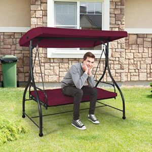 Tangkula 3 Seats Converting Patio Swing, Outdoor Porch Garden Canopy Swing with Comfortable Cushion Seats & Adjustable Tilt Canopy, Heavy Duty Hammock 3 Persons Porch Swing (Wine)