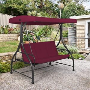 Tangkula 3 Seats Converting Patio Swing, Outdoor Porch Garden Canopy Swing with Comfortable Cushion Seats & Adjustable Tilt Canopy, Heavy Duty Hammock 3 Persons Porch Swing (Wine)