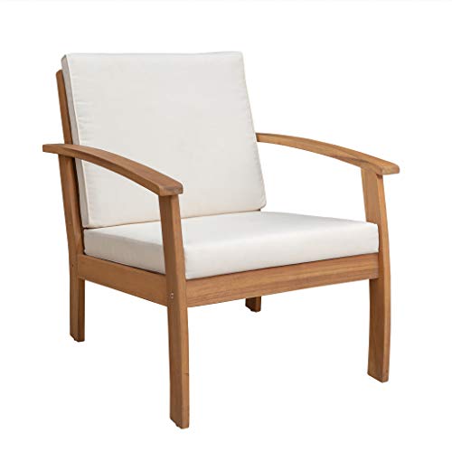 Patio Sense 63342 Lio Wooden Armchair with Cushions Modern & Contemporary Lounge Chair Patio Living Room Study Garden & Outdoors Soft & Comfortable Low Maintenance - Brown & White