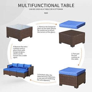 Outdoor Patio Brown Rattan Furniture Set 4 Piece PE Wicker Sectional Sofa Garden Couch with Royal Blue Cushion