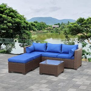 Outdoor Patio Brown Rattan Furniture Set 4 Piece PE Wicker Sectional Sofa Garden Couch with Royal Blue Cushion