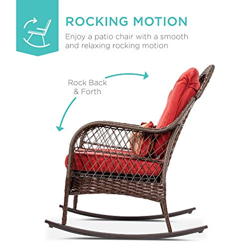 Best Choice Products Outdoor Wicker Patio Rocking Chair for Porch, Deck, Poolside w/Steel Frame, Weather-Resistant Cushions - Red