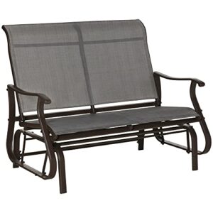 outsunny 2-person outdoor glider bench，patio glider loveseat chair with powder coated steel frame，2 seats porch rocking glider for backyard, lawn, garden and porch, mixed grey