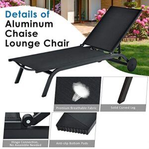 Tangkula Outdoor Aluminum Chaise Lounge, Patio Lounge Recliner Chair w/6 Adjustable Backrest, Reclining Chaise Chair with Wheels for Beach, Yard, Balcony, Poolside (2, Black)