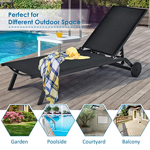 Tangkula Outdoor Aluminum Chaise Lounge, Patio Lounge Recliner Chair w/6 Adjustable Backrest, Reclining Chaise Chair with Wheels for Beach, Yard, Balcony, Poolside (2, Black)