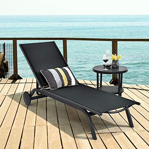 Tangkula Outdoor Aluminum Chaise Lounge, Patio Lounge Recliner Chair w/6 Adjustable Backrest, Reclining Chaise Chair with Wheels for Beach, Yard, Balcony, Poolside (2, Black)