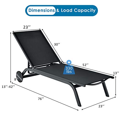 Tangkula Outdoor Aluminum Chaise Lounge, Patio Lounge Recliner Chair w/6 Adjustable Backrest, Reclining Chaise Chair with Wheels for Beach, Yard, Balcony, Poolside (2, Black)