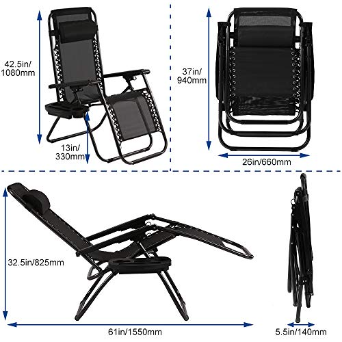 Dkeli Zero Gravity Chair Set of 2 Patio Folding Adjustable Zero Gravity Lounge Chair with Cup Holders Outdoor Recliner Camping Chair for Poolside Backyard Lawn Beach, Black