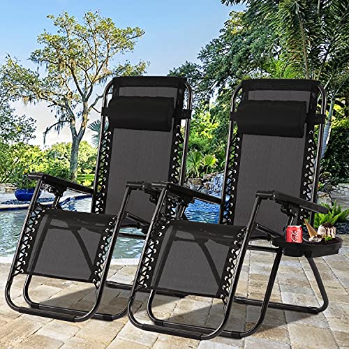 Dkeli Zero Gravity Chair Set of 2 Patio Folding Adjustable Zero Gravity Lounge Chair with Cup Holders Outdoor Recliner Camping Chair for Poolside Backyard Lawn Beach, Black