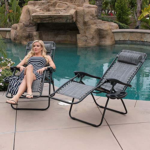 BELLEZE Zero Gravity Chairs Set of 2, Outdoor Adjustable Folding Lawn Chairs Recliner Chairs with Cup Holder Pillow, Lounge Chairs for Patio Camping Garden Beach Pool Side Deck, Gray