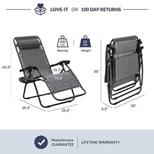 BELLEZE Zero Gravity Chairs Set of 2, Outdoor Adjustable Folding Lawn Chairs Recliner Chairs with Cup Holder Pillow, Lounge Chairs for Patio Camping Garden Beach Pool Side Deck, Gray