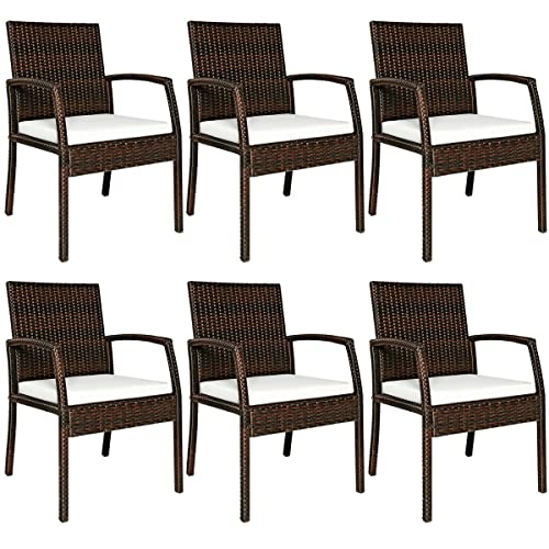 Tangkula Set of 6 Outdoor Dining Chairs, Patiojoy Weather Resistant PE Rattan Patio Chairs with Soft Cushions and Rustproof Steel Frame, Outdoor Wicker Armchairs for Garden, Backyard and Poolside