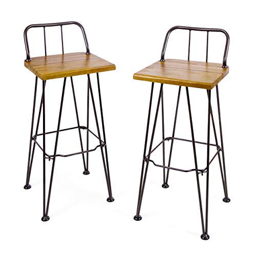 Christopher Knight Home Denali Outdoor Industrial Acacia Wood Barstools with Finished Iron Frame, 2-Pcs Set, Teak Finish / Rustic Metal