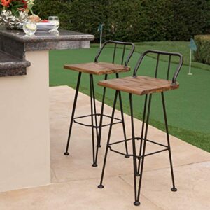 Christopher Knight Home Denali Outdoor Industrial Acacia Wood Barstools with Finished Iron Frame, 2-Pcs Set, Teak Finish / Rustic Metal