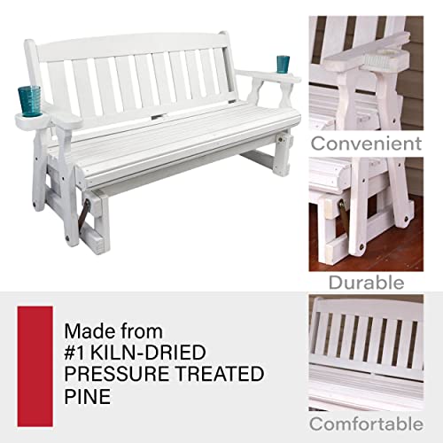 CAF Amish Heavy Duty 800 Lb Mission Pressure Treated Porch Glider with Cupholders (5 Foot, Semi-Solid White Stain)