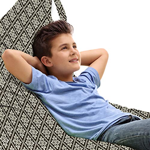 Ambesonne Retro Lounger Chair Bag, Geometric Diagonal Forms and Inner Flower Petals Earth Tones Nostalgic Print, High Capacity Storage with Handle Container, Lounger Size, Dark Brown Cream