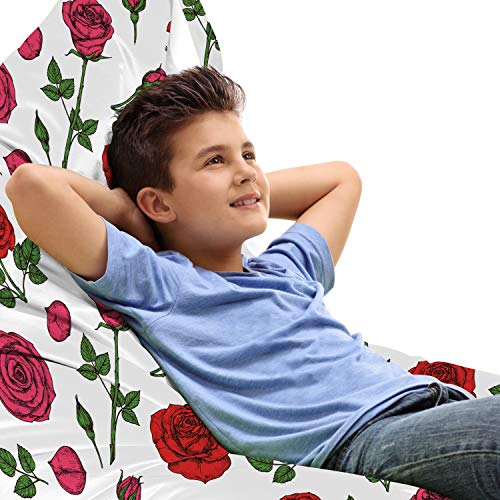 Ambesonne Flowers Lounger Chair Bag, Floral Theme Romantic Illustration Along Pink Roses on Plain Background, High Capacity Storage with Handle Container, Lounger Size, Green and Dark Pink