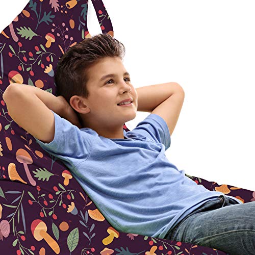 Ambesonne Cartoon Lounger Chair Bag, Varied Elements Floating on Plain Background Mushrooms Plants Flowers and Berries, High Capacity Storage with Handle Container, Lounger Size, Multicolor