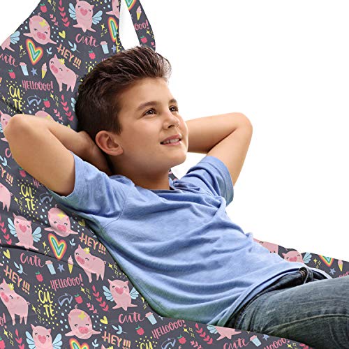 Ambesonne Childish Lounger Chair Bag, Funny Pigs Along Hey Hello Words and Hearts Raspberries Flowers Girls Love, High Capacity Storage with Handle Container, Lounger Size, Pale Pink and Grey