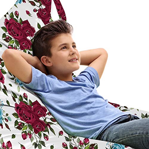 Lunarable Rose Lounger Chair Bag, Repetitive Romantic Bouquets with Buds and Leaves in Blue and Burgundy Tones, High Capacity Storage with Handle Container, Lounger Size, White and Multicolor